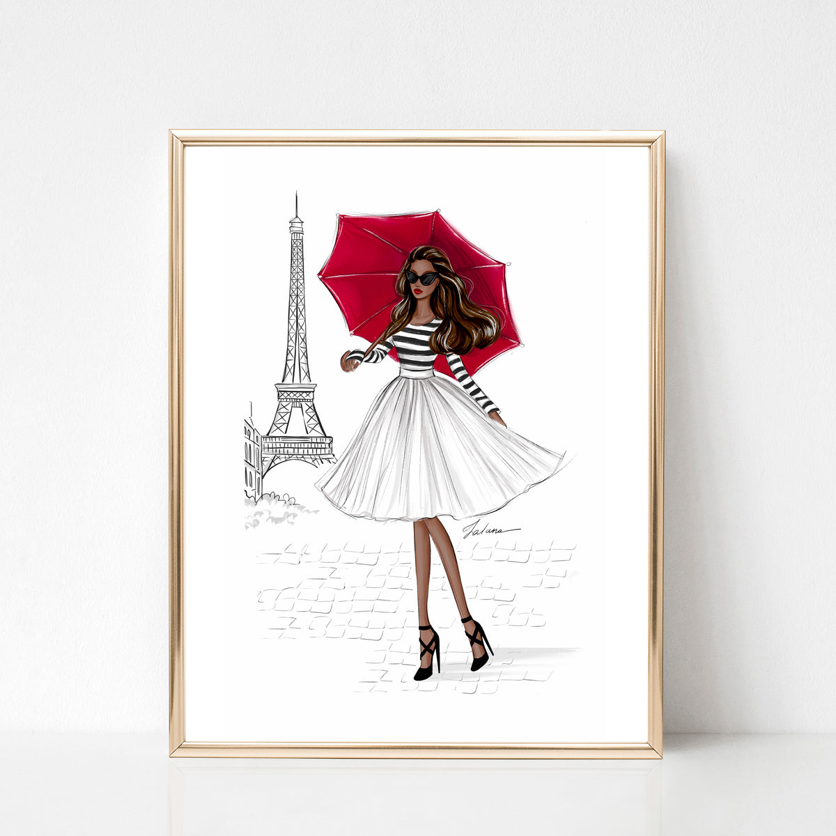 Girl with red umbrella in Paris art print fashion illustration – Lalana Arts