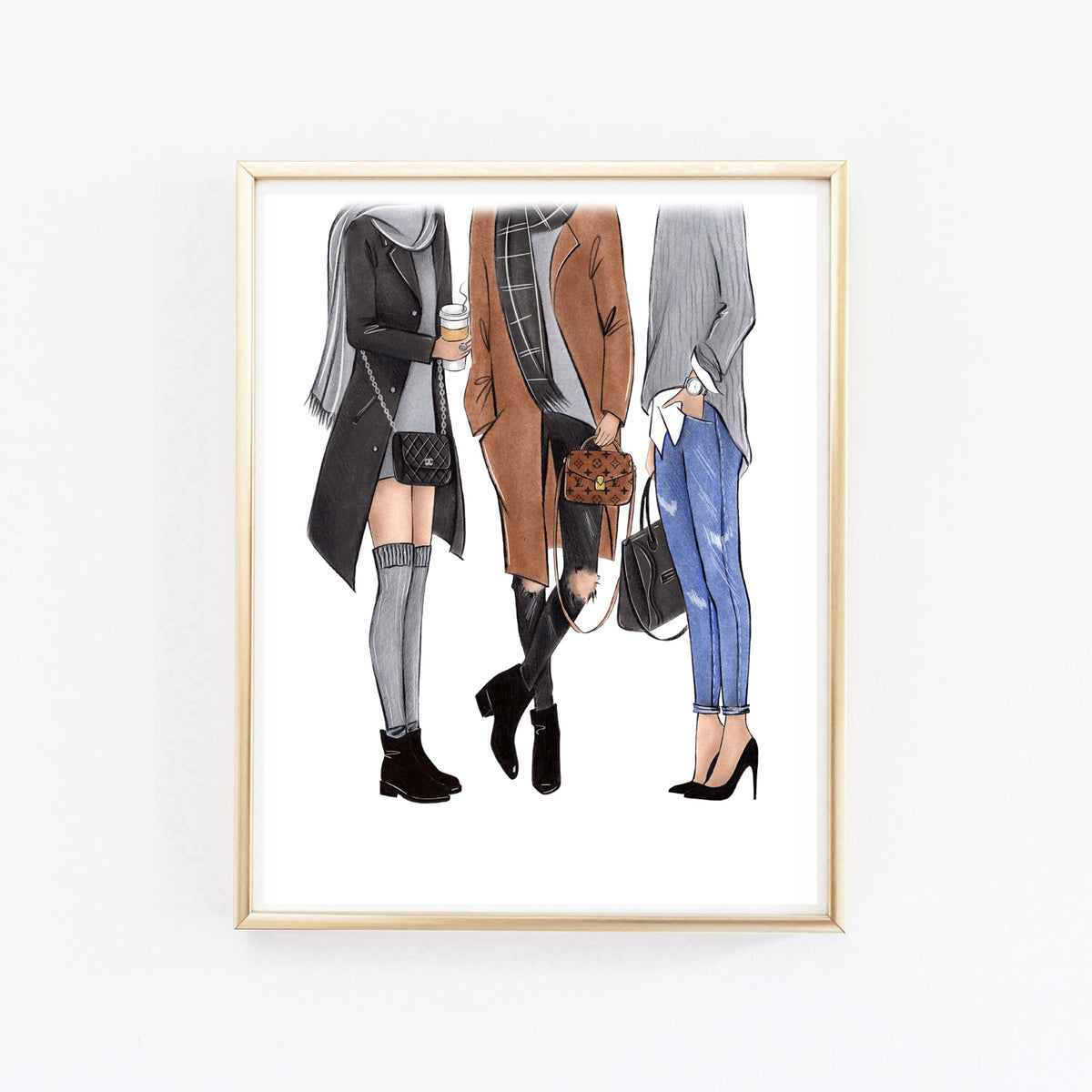 Fall fashion illustration art print in cozy beige tones of 3 ladies in ...
