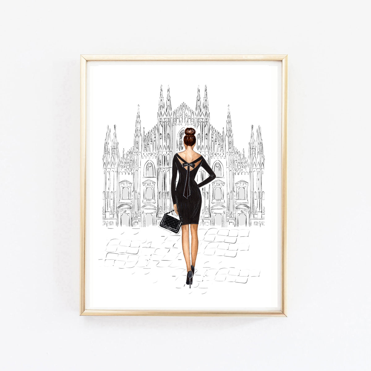 Lady in black dress in Milan art print fashion illustration – Lalana Arts