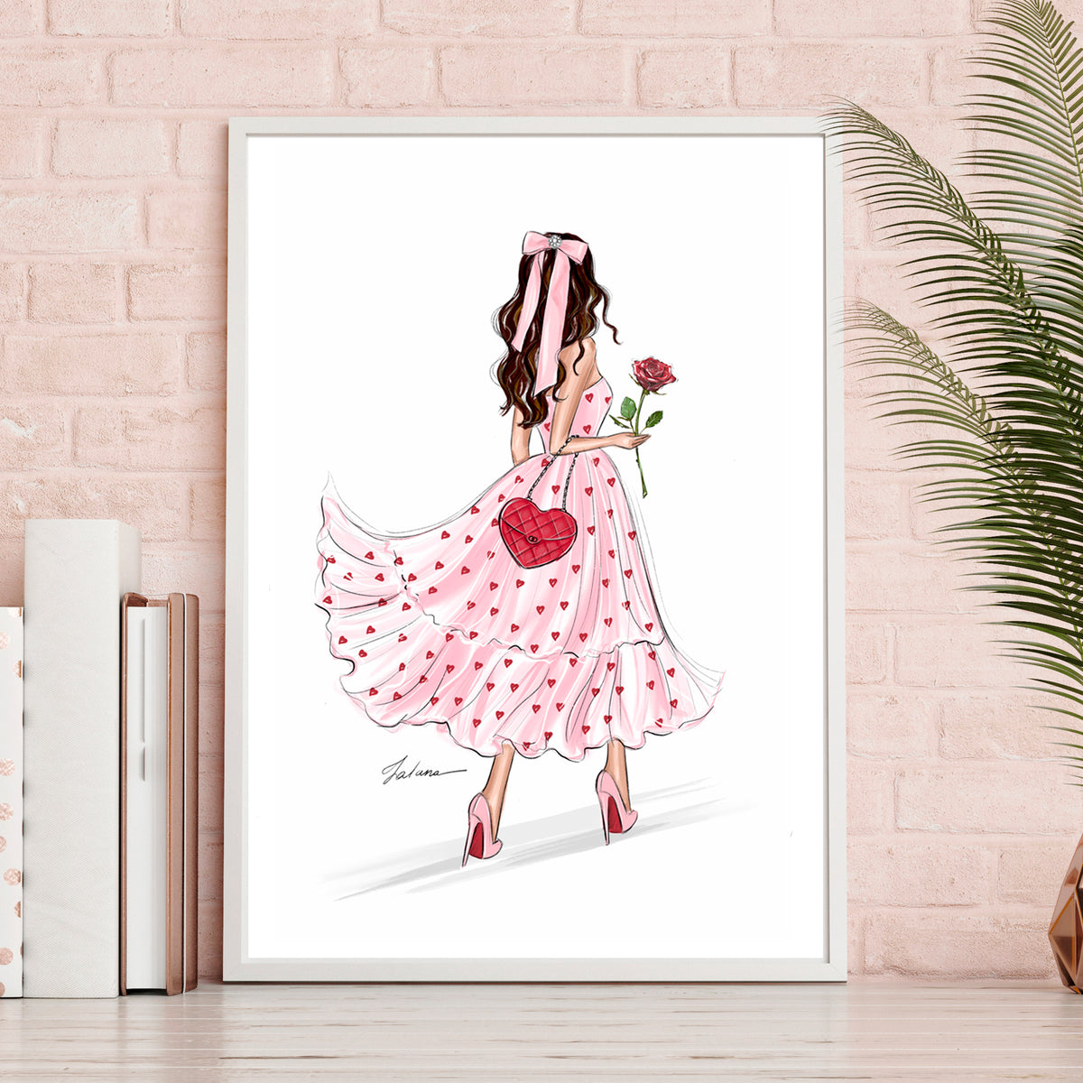 Girl in hearts dress with rose art print fashion illustration – Lalana Arts