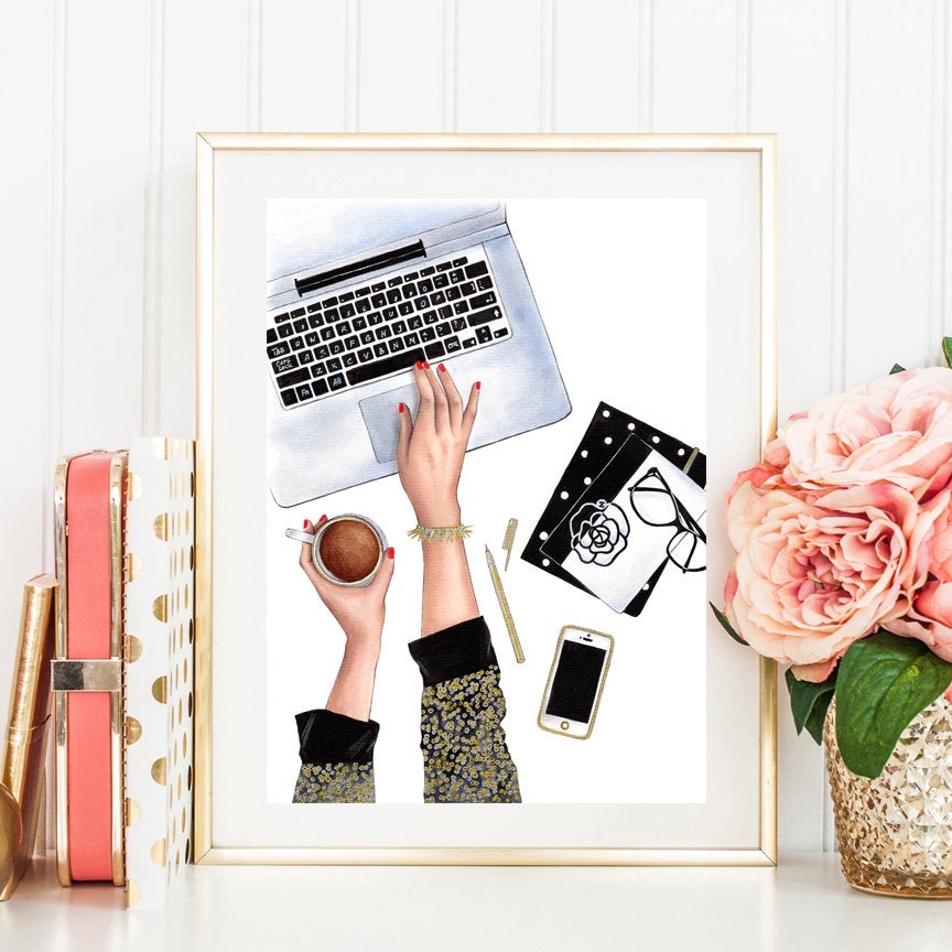 Girl boss office desk fashion Illustration art print – Lalana Arts