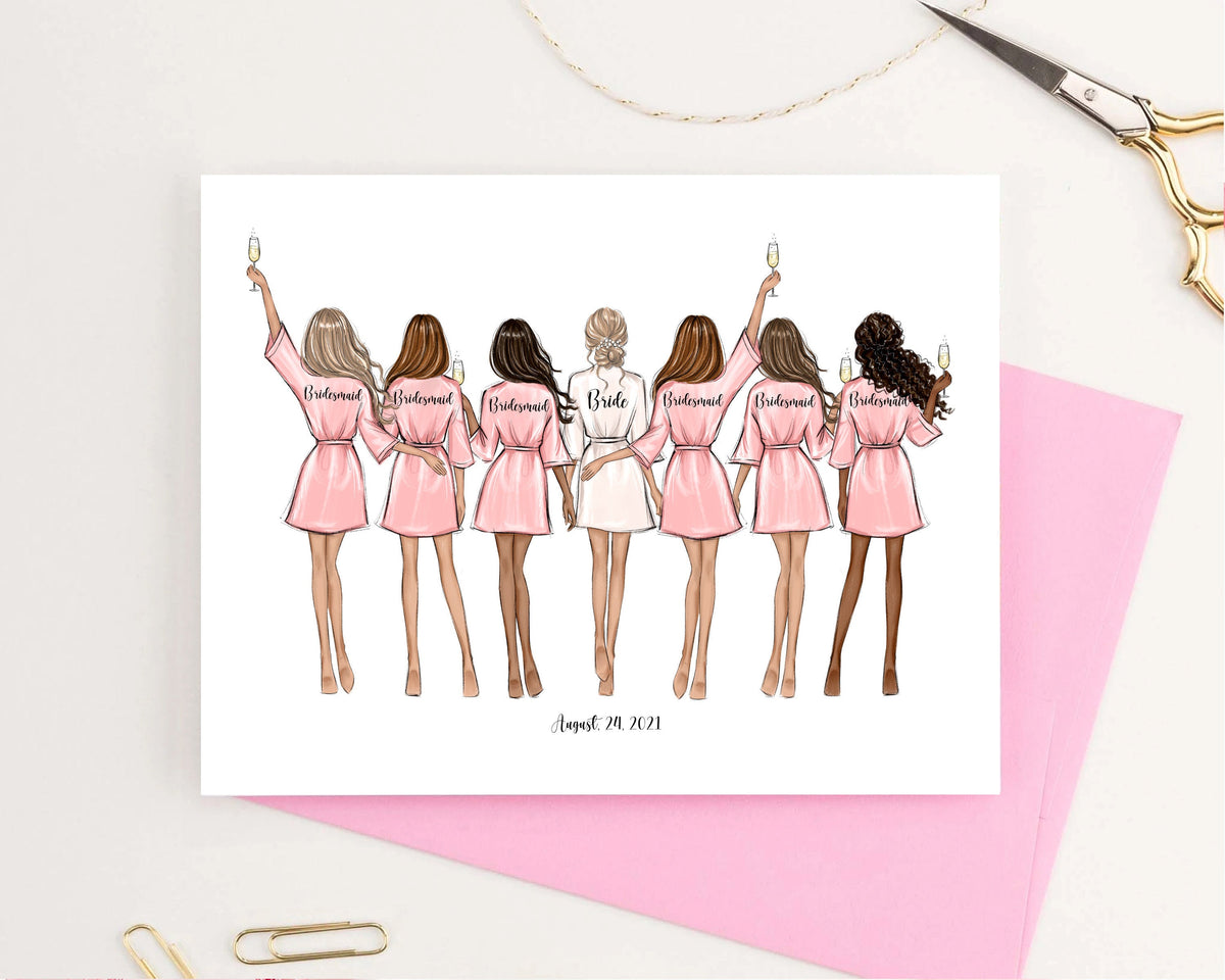 Personalized card of bridesmaids in pink robe. Bridesmaid gift card ...